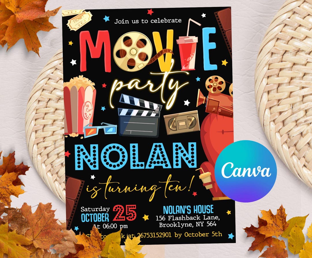 Editable Movie Birthday Invitation, Movie Night Invitation, Cinema ...