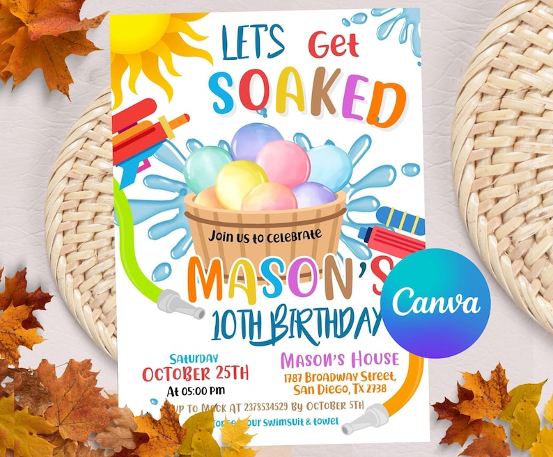 Editable Water Balloon Birthday Invitation, Water Splash Party ...