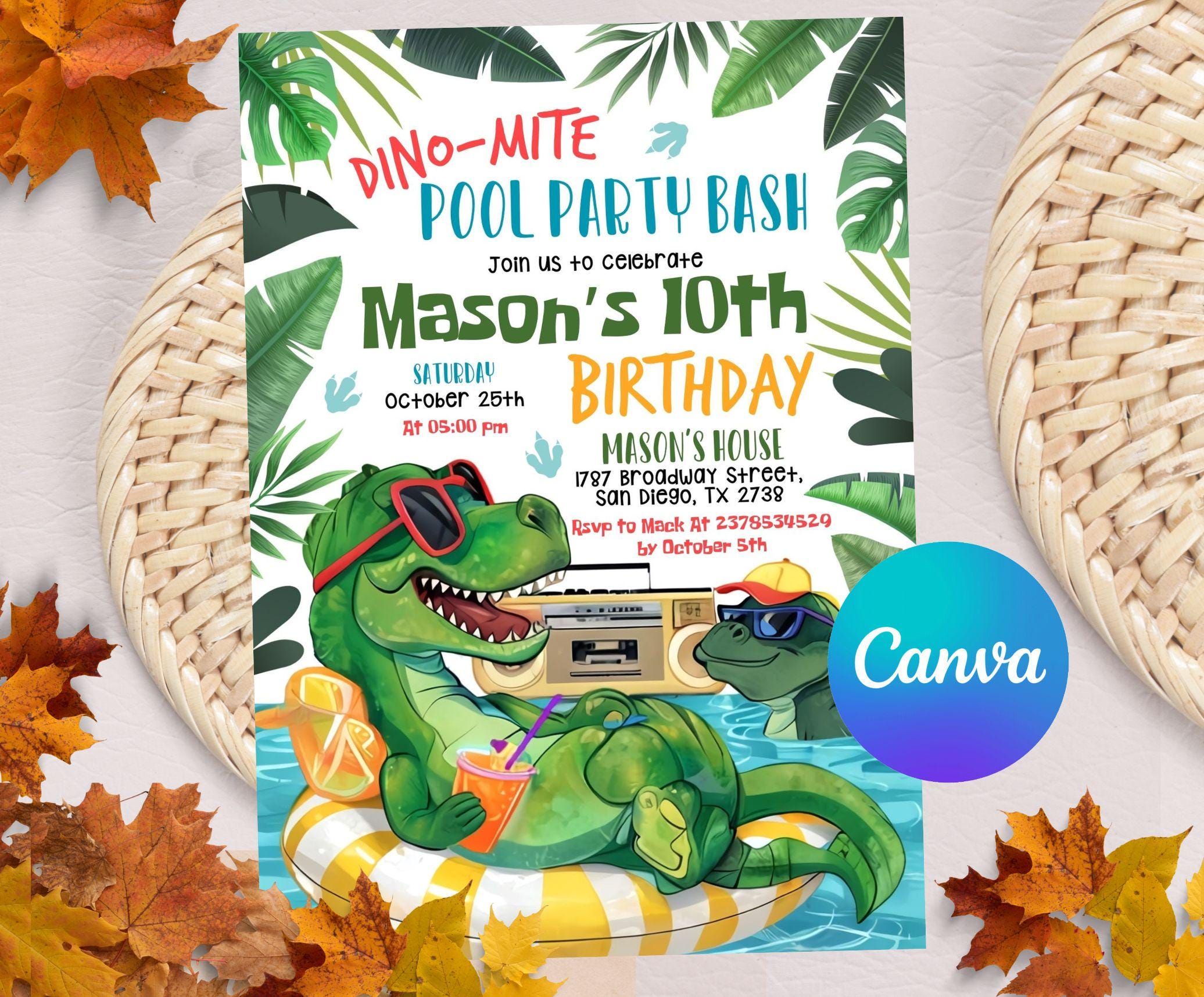Editable Dinosaur Pool Invitation, Dino-mite Dinosaur Pool Party ...