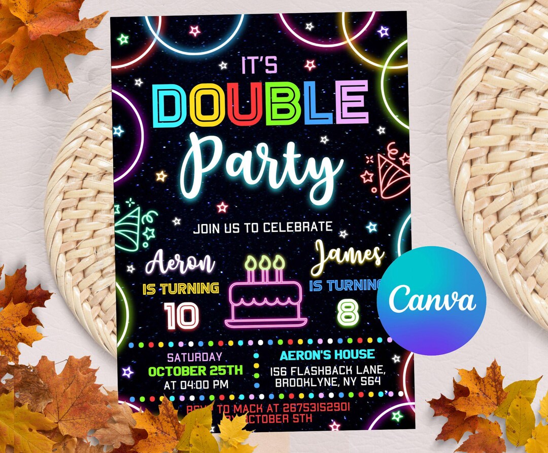 Editable Double Birthday Invitation for Boys, Double Party Invite, Neon ...