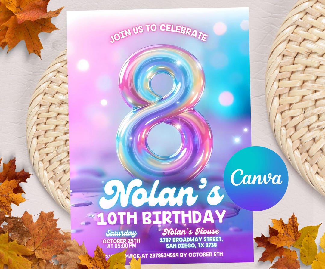 Pink 8th Birthday Invitation Template: Rainbow Foil (digital Canva ...