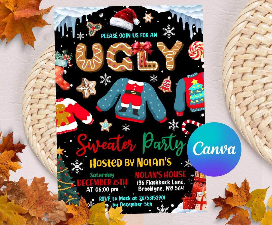 Editable Ugly Sweater Christmas Party Invitation, Christmas Invitation ...