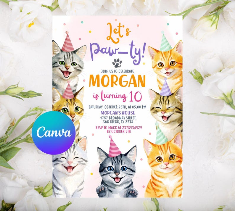 Editable Cat Birthday Invitation, Kitty Cat Birthday Party, Cat Theme ...