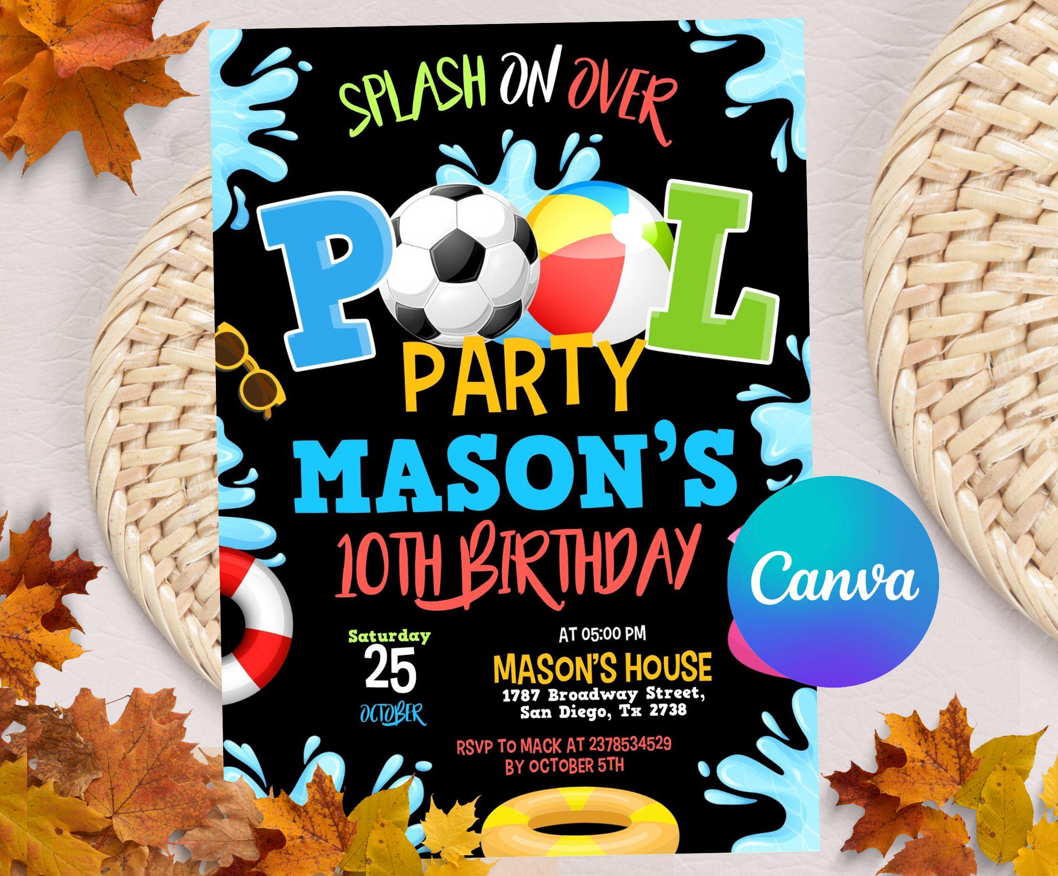 Editable Soccer Pool Party Invitation, Boy Pool Party, Soccer and Pool ...