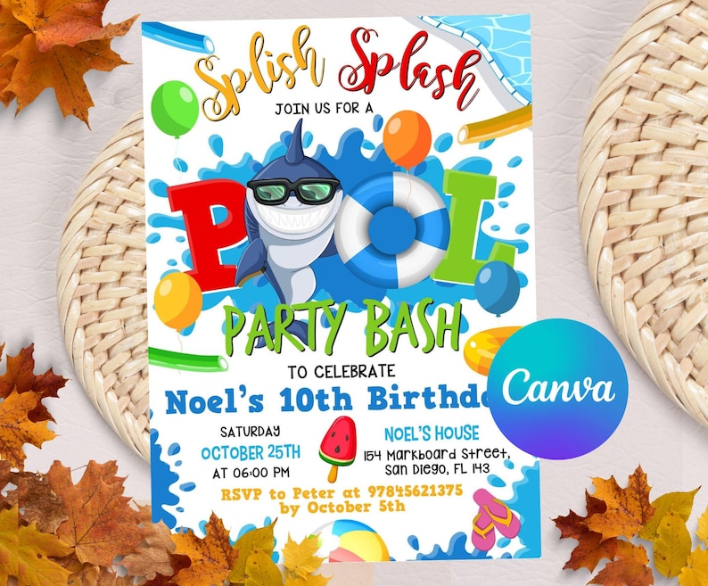Editable Shark Pool Party Invitation, Shark Birthday Invitation, Shark ...