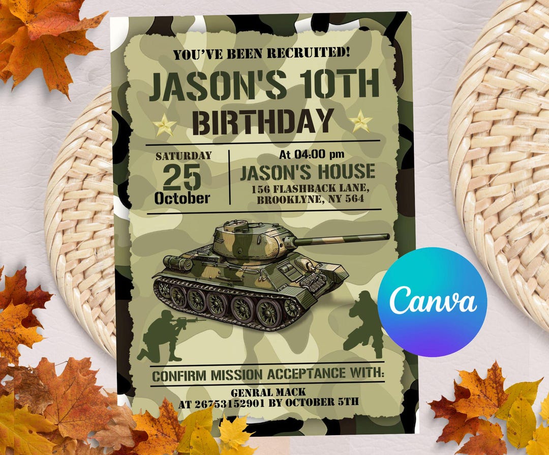 Editable Military Party Invitations, Army Birthday Invitation, Soldier ...
