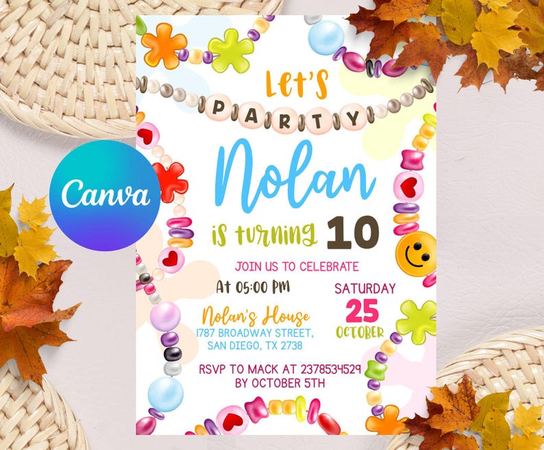 Editable Friendship Bracelet Invitation, Girl Birthday Bead Bracelet ...