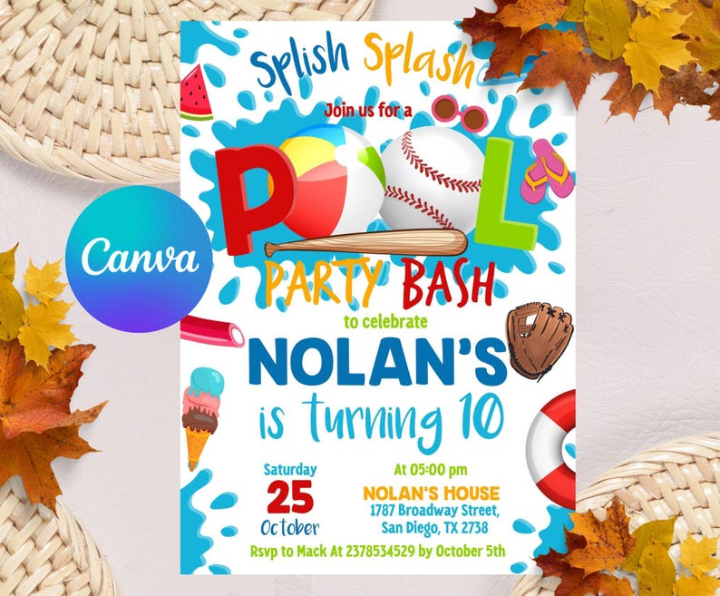 Editable Baseball Pool Birthday Party Invitation, Sports Birthday ...