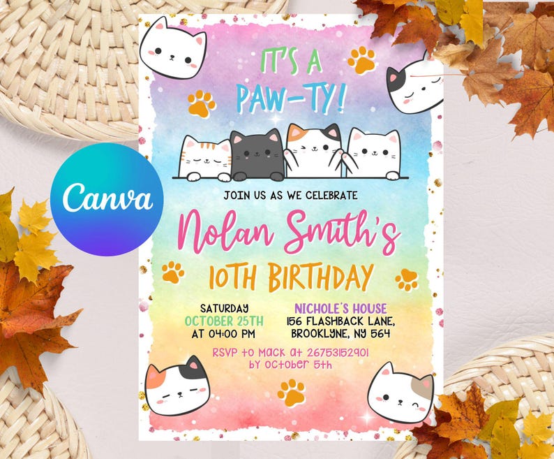 Cat Birthday Invitation, Cat Themed Invitation, Printable Kitten Invite ...