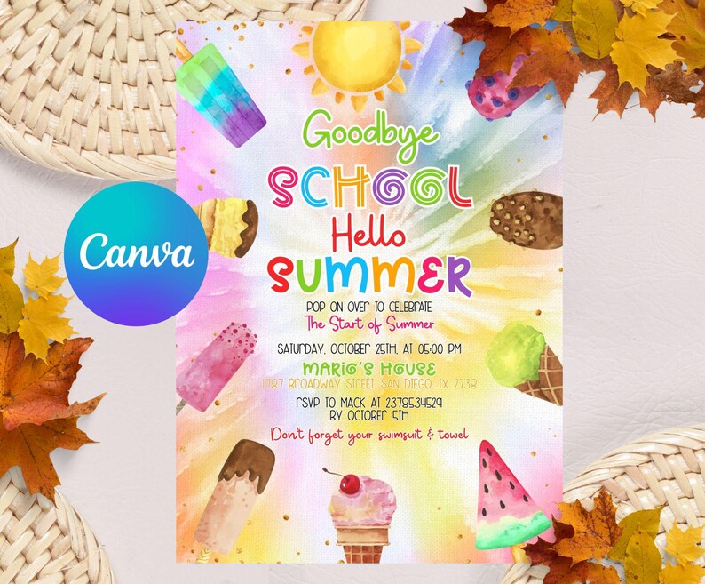 End of School Party Invitation, Schools Out Pool Party Invite, Goodbye ...