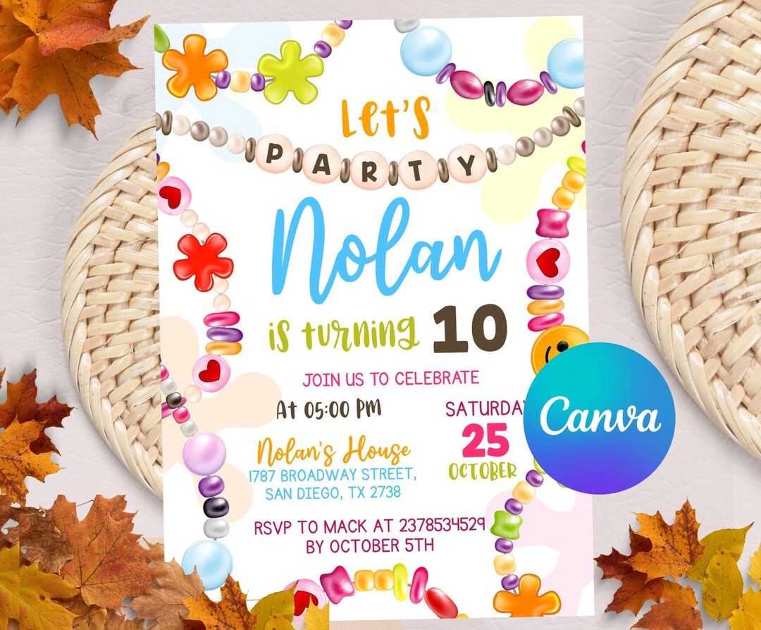 Editable Friendship Bracelet Invitation, Girl Birthday Bead Bracelet ...