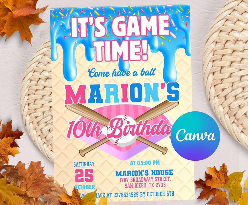 Baseball Drip Birthday Party Invitation, Editable Canva Template ...