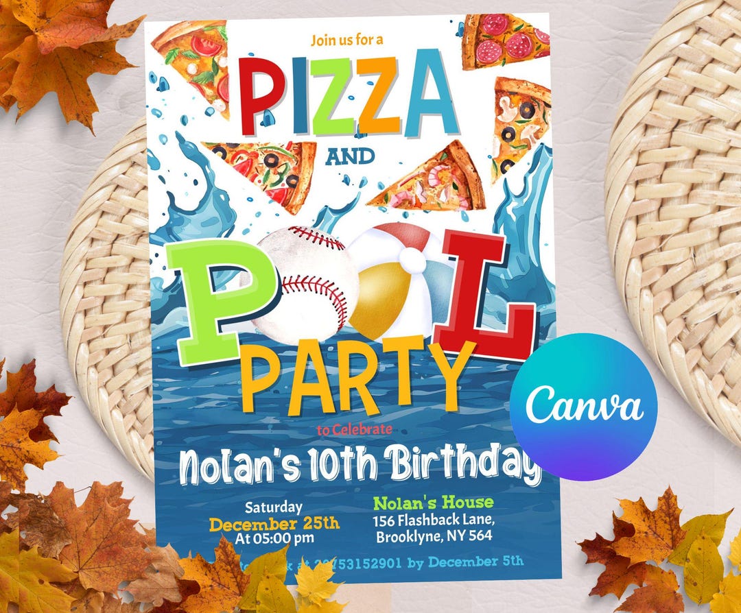 Editable Pizza Pool Party Invitation, Pizza and Pool Party Invite, Boy ...