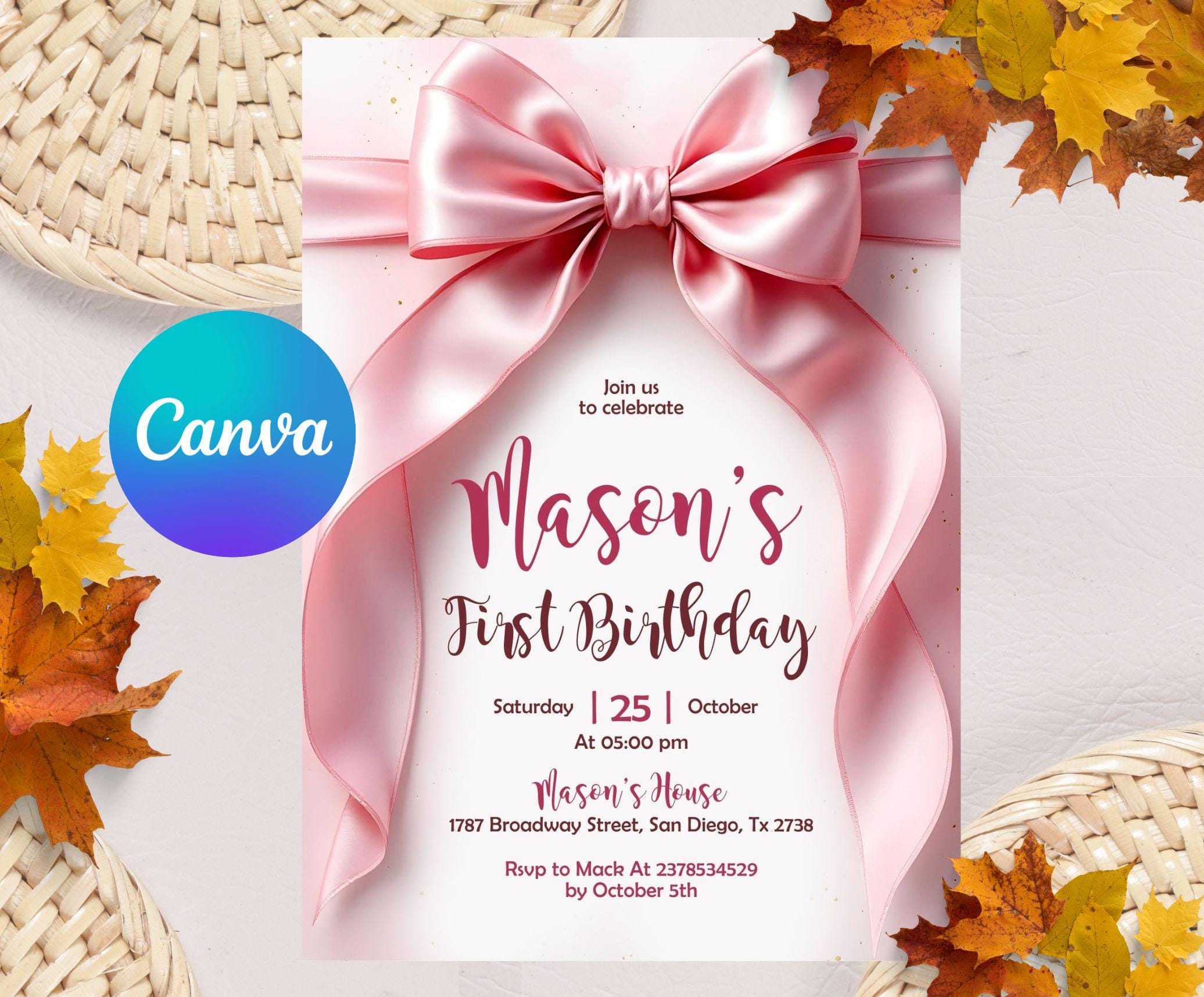 Editable Pink Bow First Birthday Template, Pink Coquette Bow Invitation ...