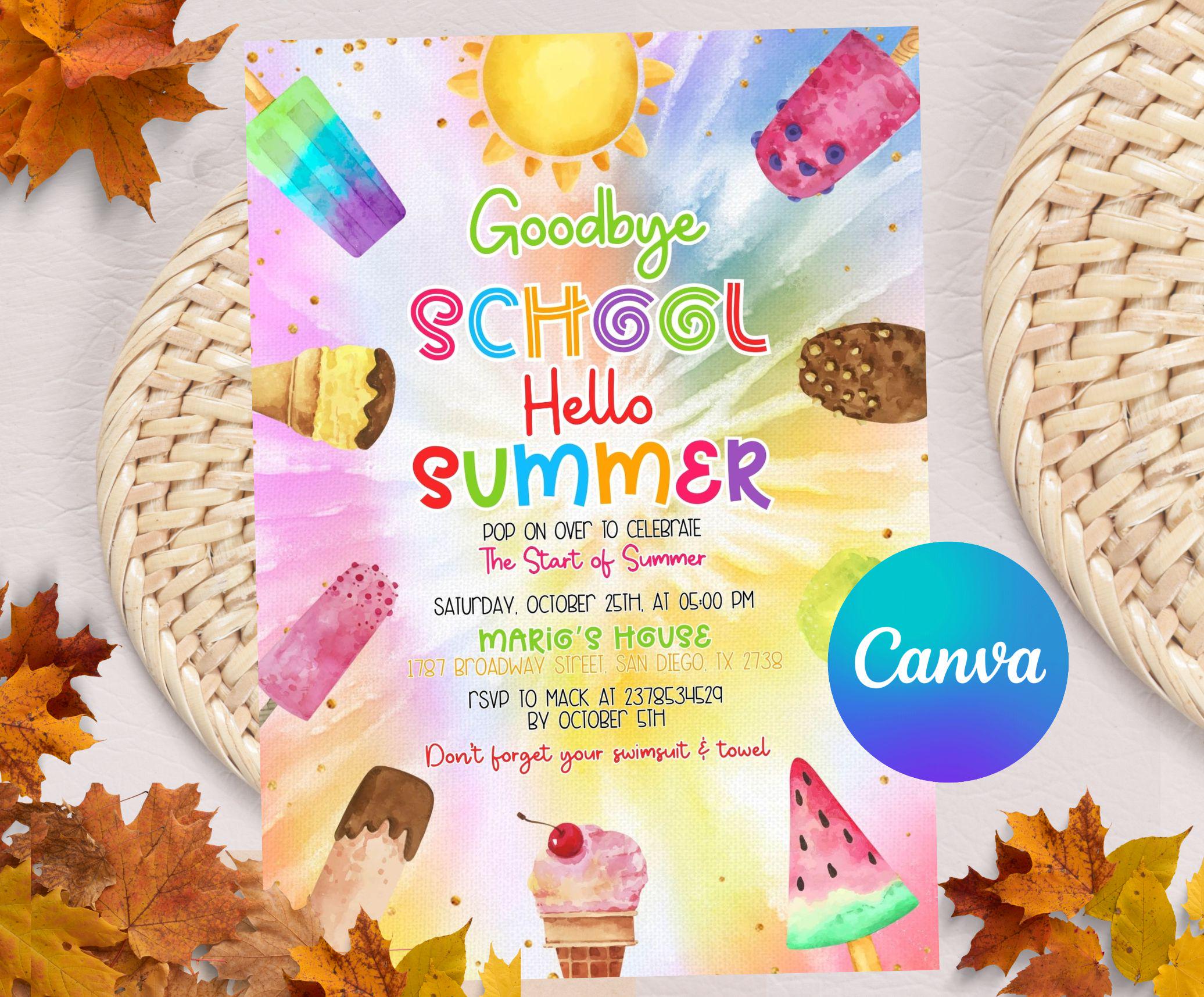 End of School Party Invitation, Schools Out Pool Party Invite, Goodbye ...