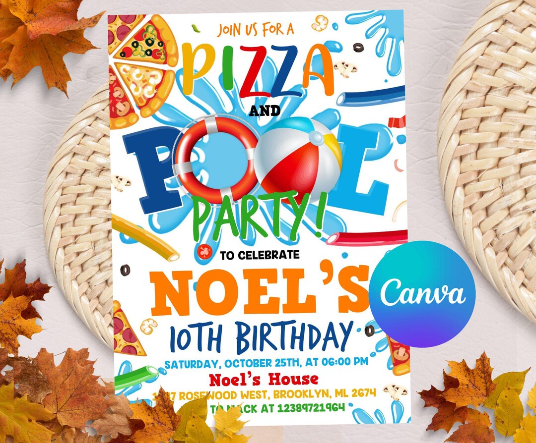Editable Pizza Pool Party Invitation, Pizza and Pool Party Invite, Boy ...