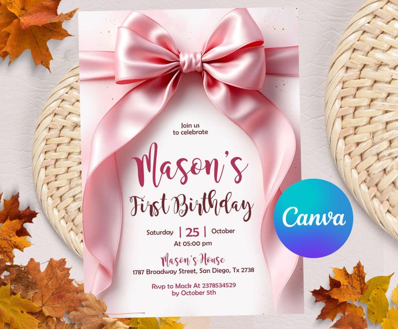 Editable Pink Bow First Birthday Template, Pink Coquette Bow Invitation ...