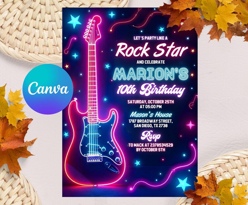 Editable Rock Star Birthday Party Invitation Neon Glow Party Like A ...