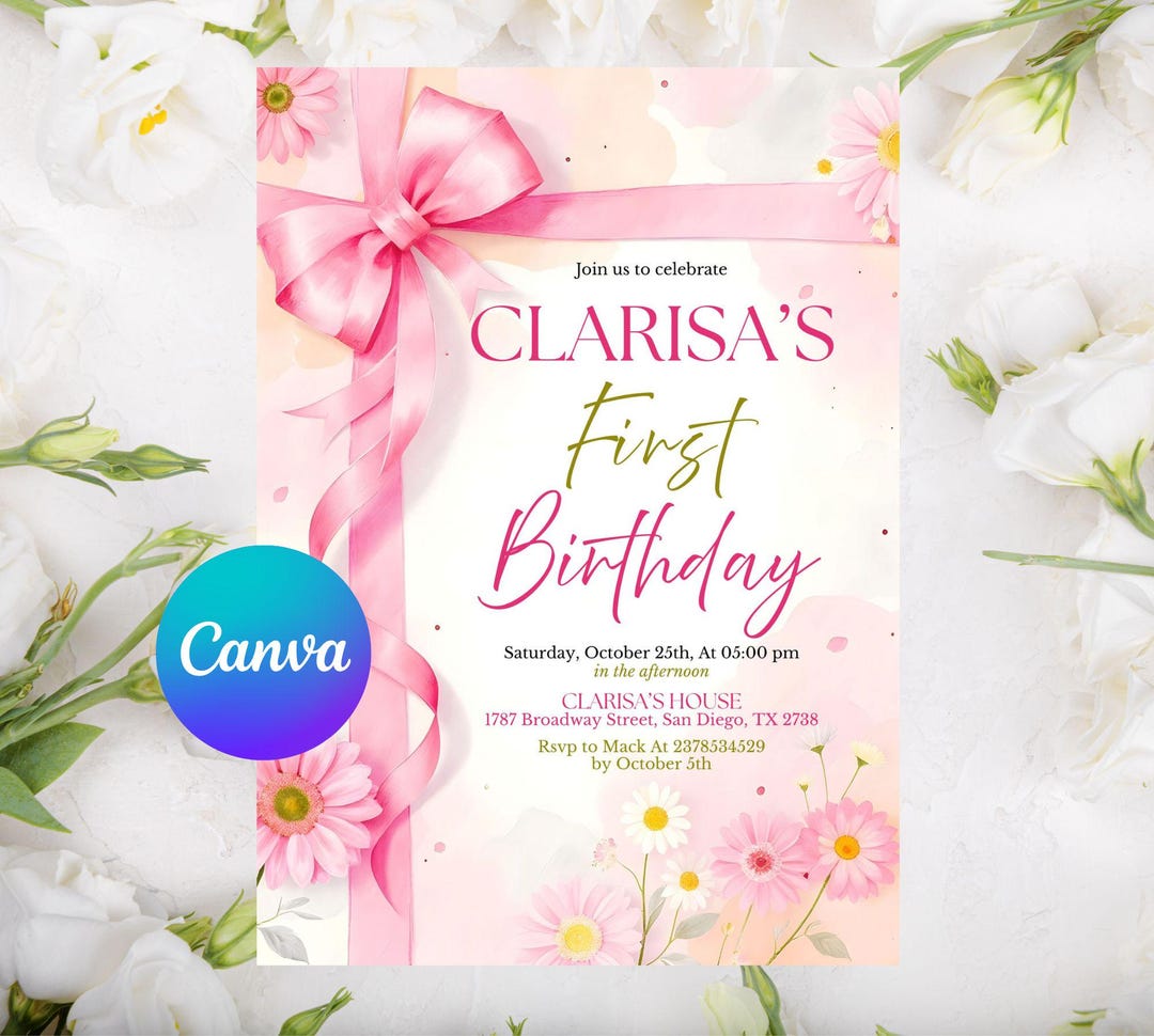 Daisy Pink Bow Birthday Invitation, Coquette Pink Girl Ribbon Invite ...