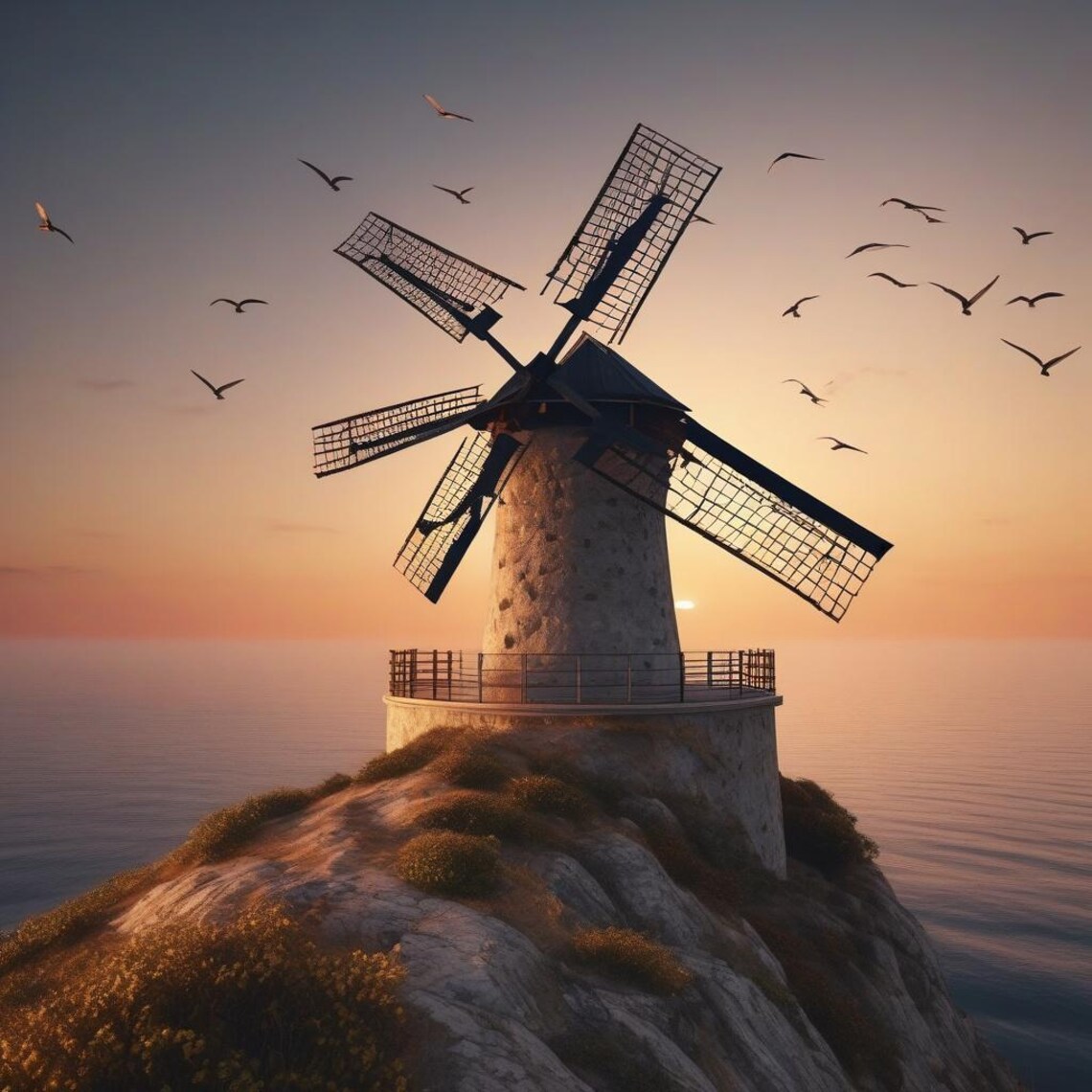 Windmill on a Hill Overlooking the Sea Ai Art - Etsy