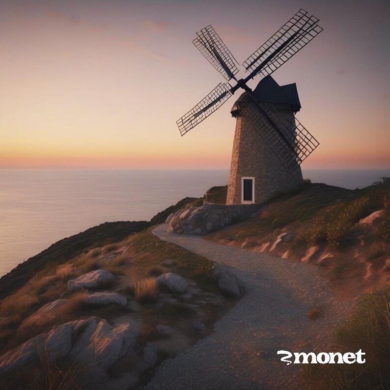 Windmill on a Hill Overlooking the Sea Ai Art - Etsy