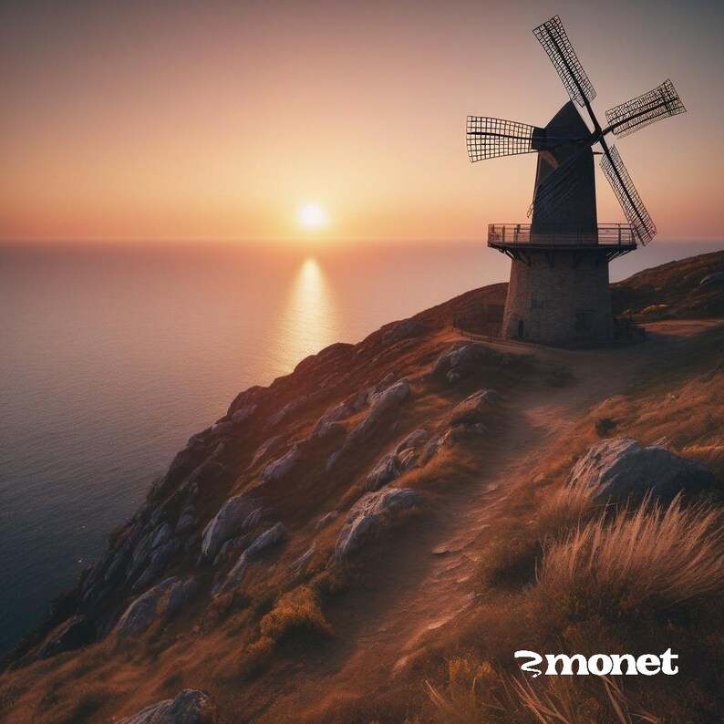 Windmill on a Hill Overlooking the Sea Ai Art - Etsy