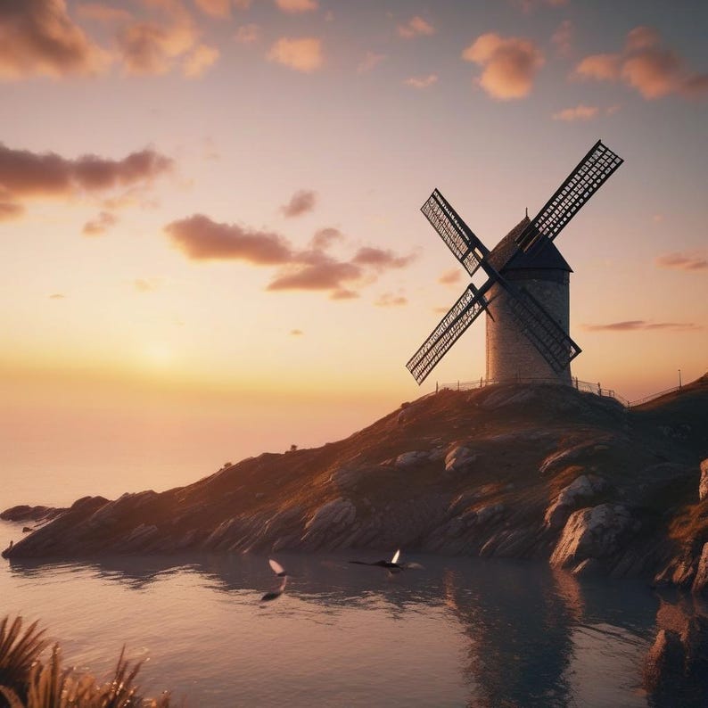 Windmill on a Hill Overlooking the Sea Ai Art - Etsy