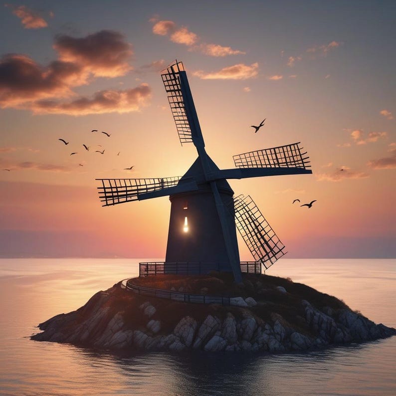Windmill on a Hill Overlooking the Sea Ai Art - Etsy
