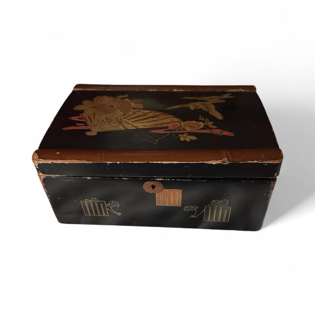 Vintage Well Worn Black Laquer Hand Painted Jewelry Box - Etsy