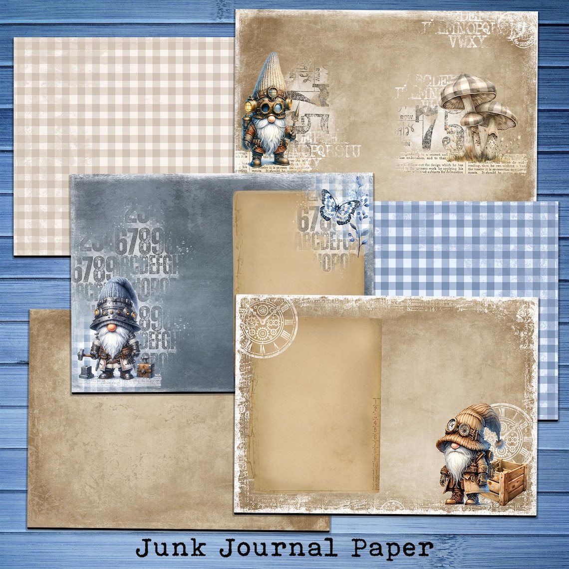 Tinkering Gnomes, Junk Journal Kit, Denim, Earth, Embellishments, Digital Printable, Cut Outs ...