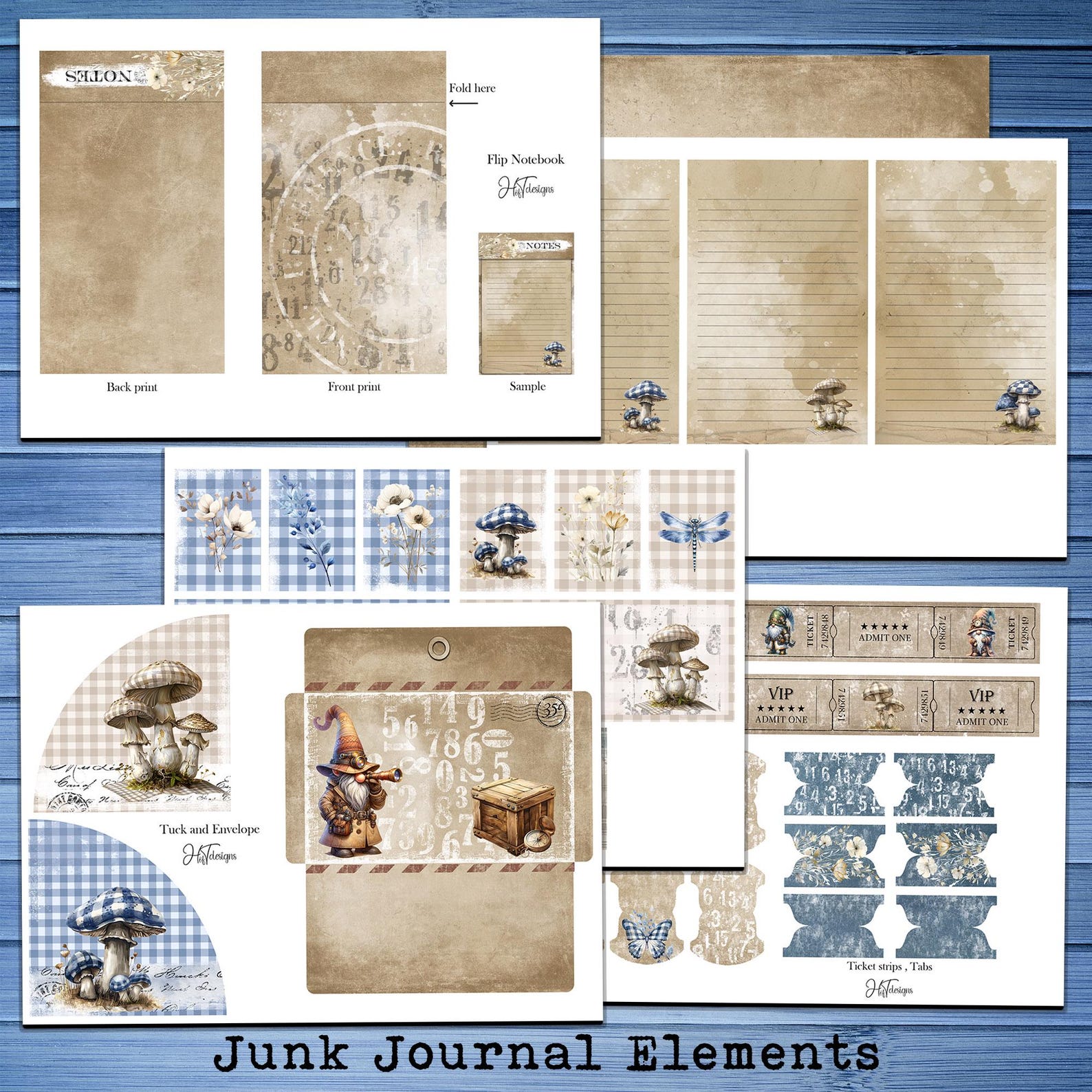Tinkering Gnomes, Junk Journal Kit, Denim, Earth, Embellishments, Digital Printable, Cut Outs ...