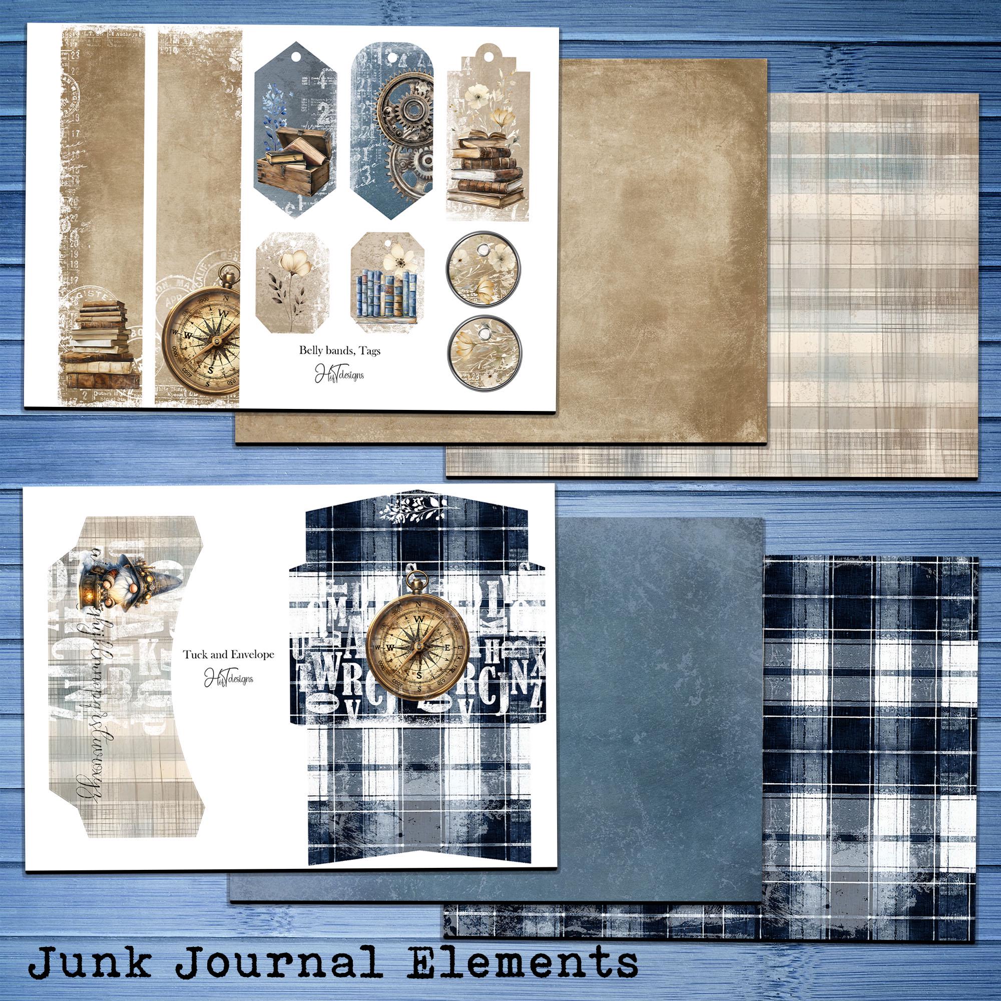 Tinkering Gnomes, Junk Journal Kit, Denim, Earth, Embellishments, Digital Printable, Cut Outs ...