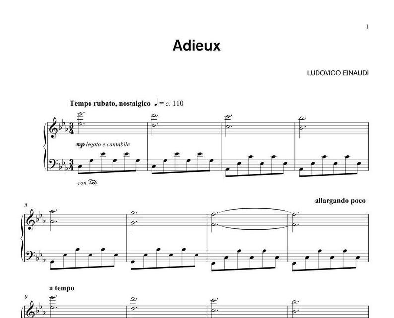 Adieux by Ludovico Einaudi Sheet Music - Piano Solo PDF - Etsy