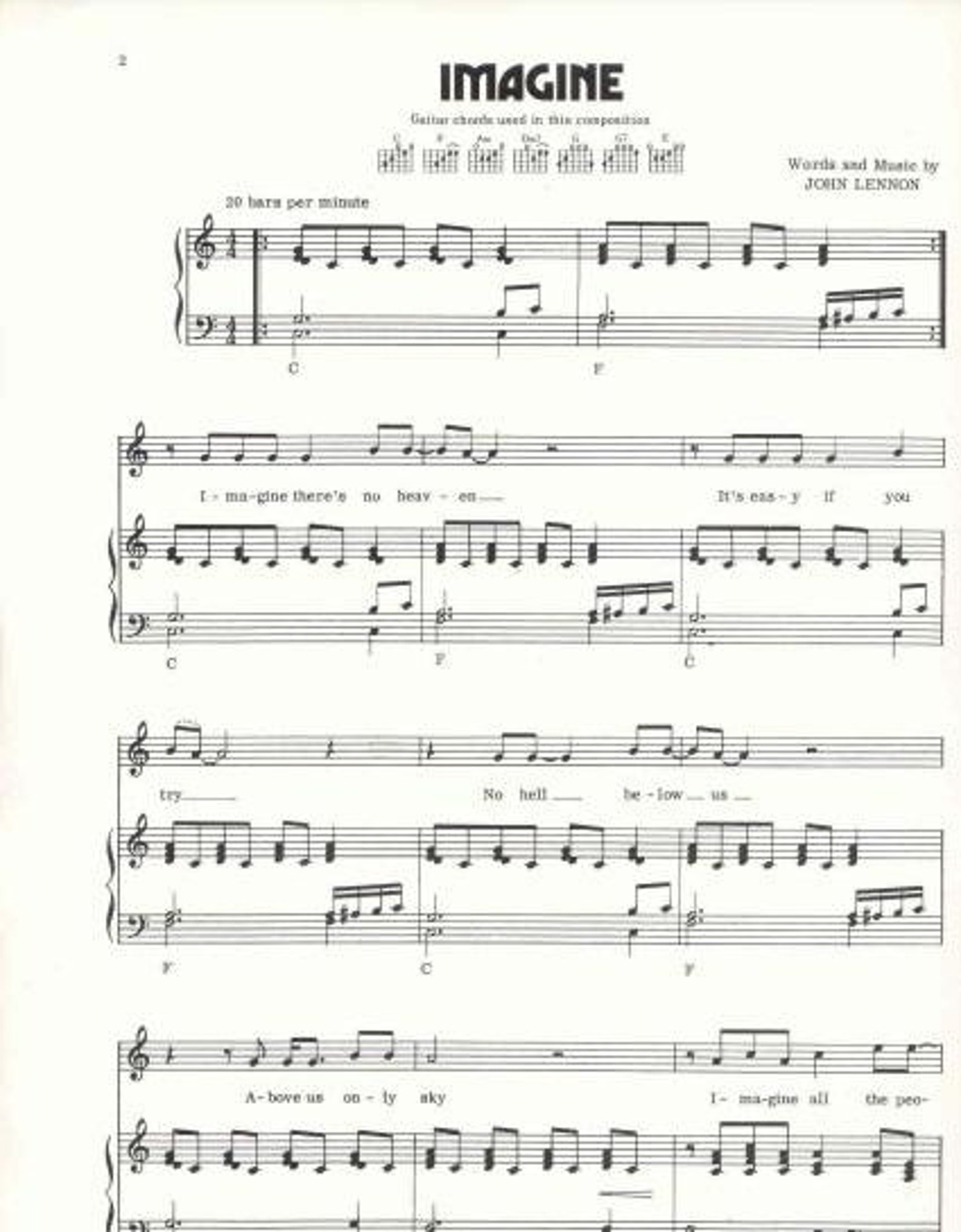 Imagine Piano Sheet Music With Vocal Arrangement - Downloadable PDF - Etsy