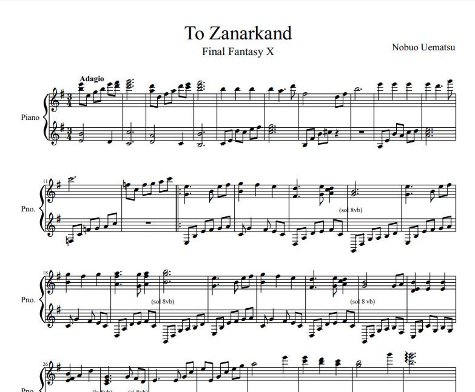 To Zanarkand - Final Fantasy X | Piano Sheet Music PDF | Nobuo Uematsu - Etsy