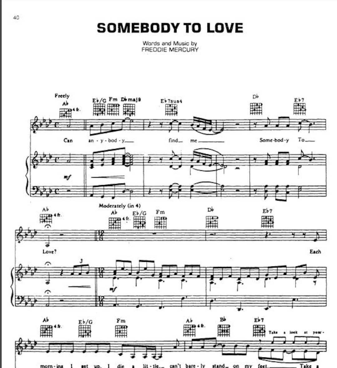 Queen - Somebody to Love Piano, Guitar & Voice Sheet Music PDF - Etsy