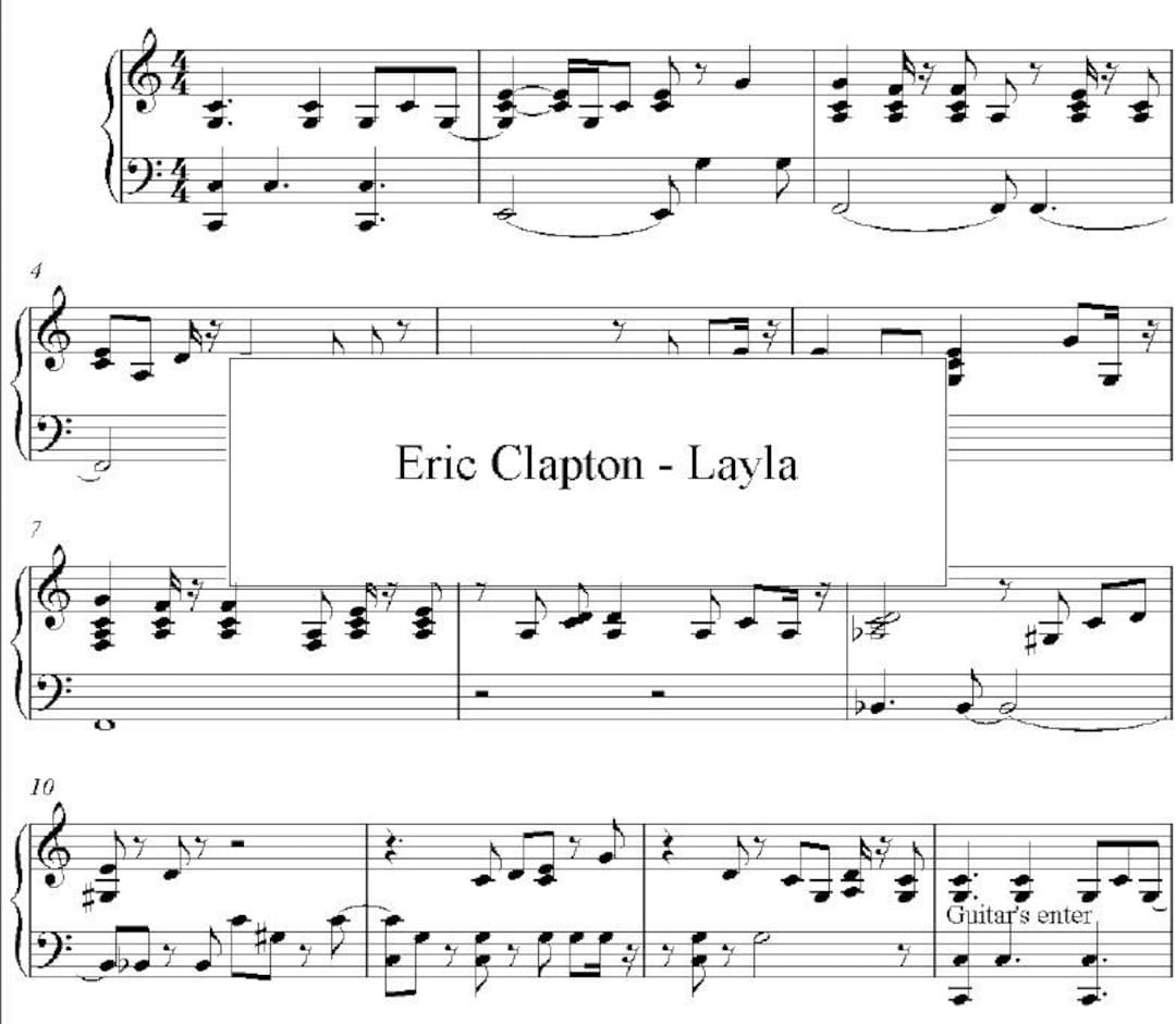 Layla - Erick Clapton | Piano Sheet Music PDF Download - Etsy