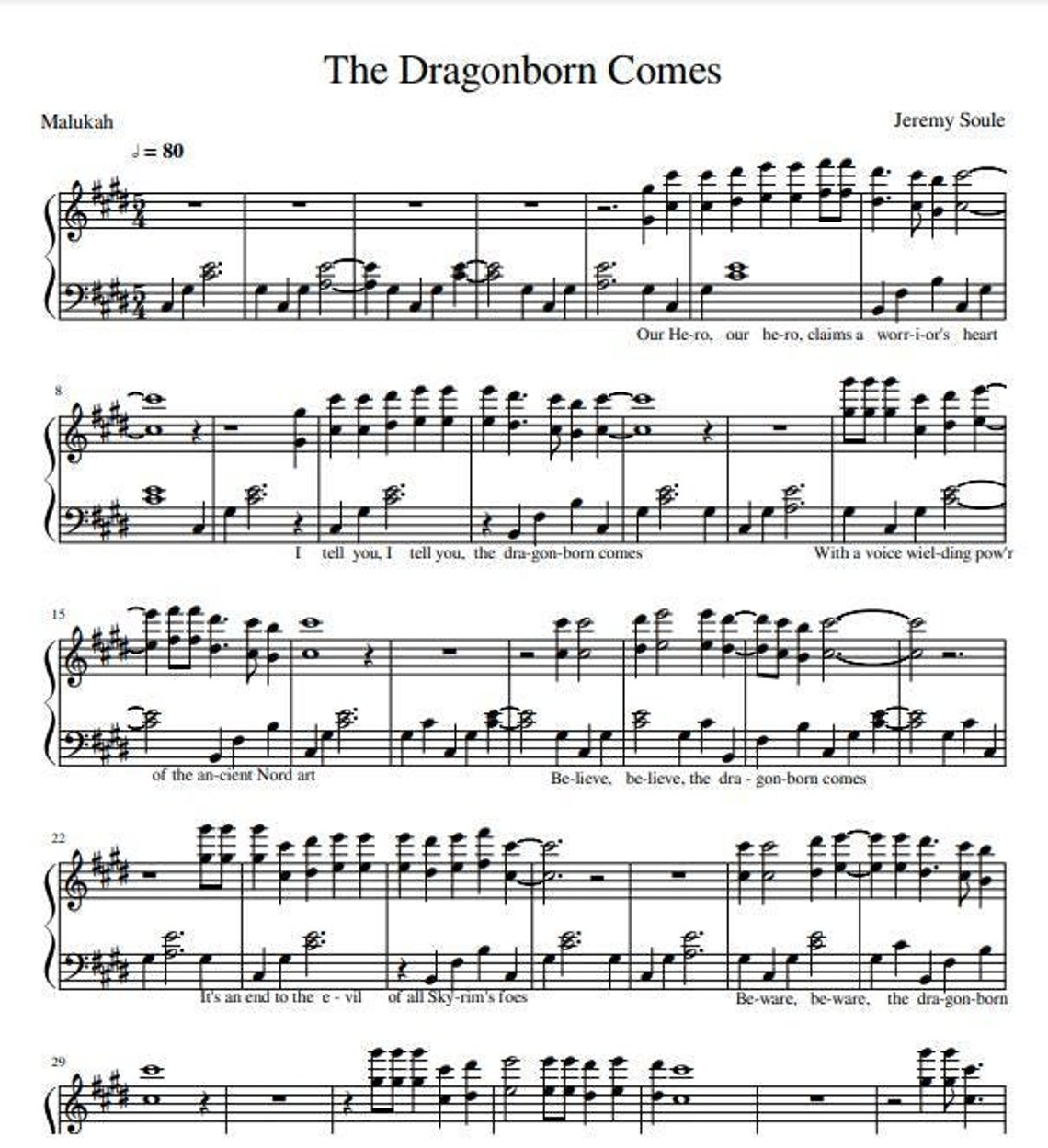 The Elder Scrolls V: Skyrim - "dragonborn Theme" Piano Sheet Music PDF ...