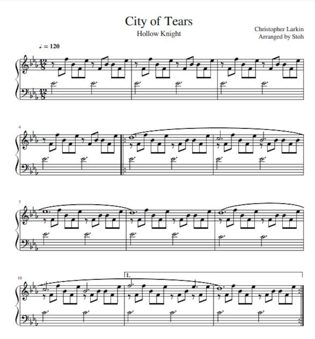 City of Tears From Hollow Knight - Piano Sheet Music PDF - Etsy