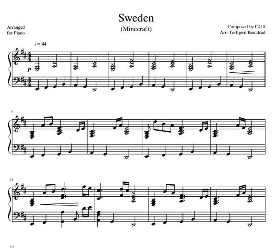 Sweden Theme Minecraft Piano Sheet Music PDF - Etsy