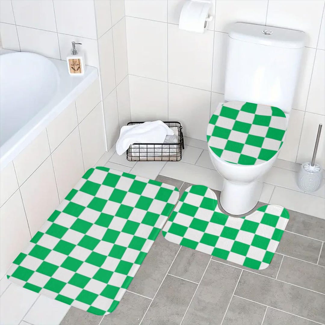 Checkered Bathroom Set | Checker Shower Curtain With Mat, Toilet Rug ...