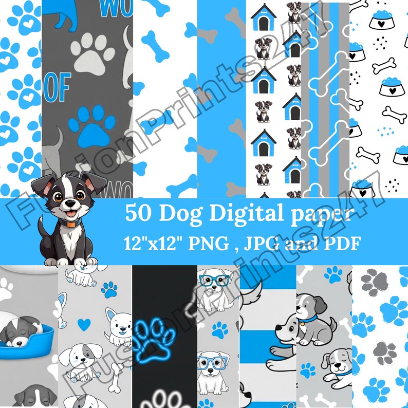 Blue and Grey Dog Digital Papers | Puppy Dog Patterns | Seamless ...
