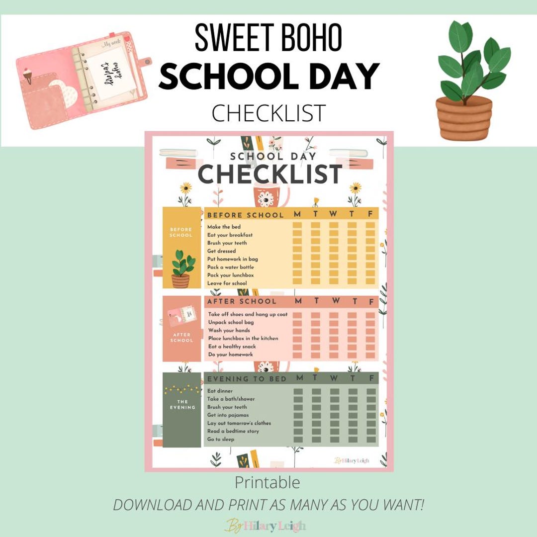 Pastel Boho School Day Checklist for Kids – Morning, Afternoon ...
