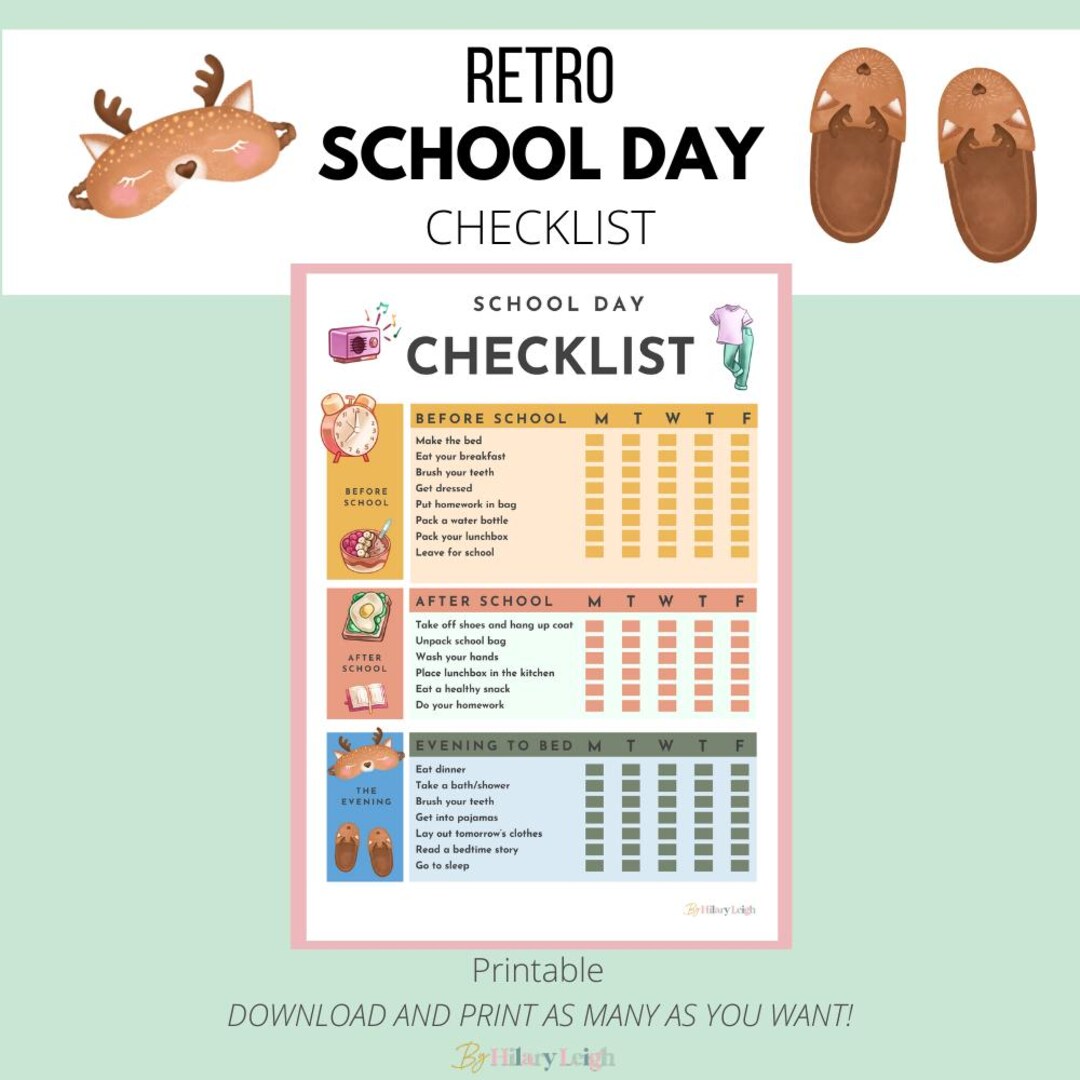Retro School Day Checklist for Kids – Morning, Afternoon, Evening ...