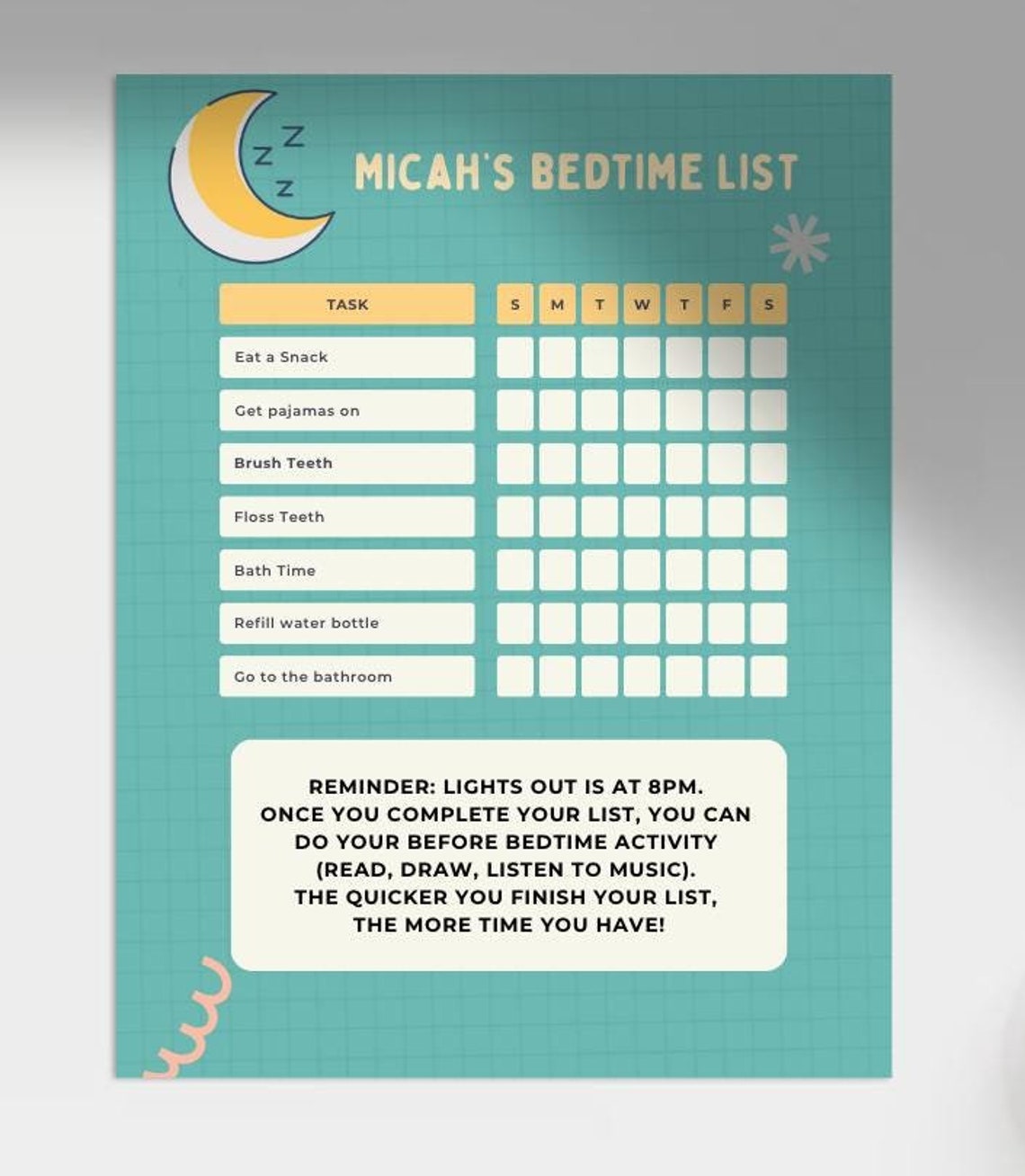 Kid's Bedtime List, Chore Chart, Bedtime Chart, Reward Chart, Children ...