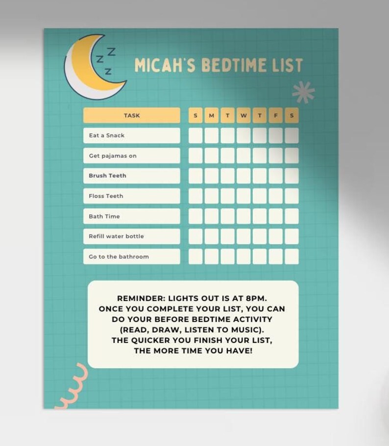 Kid's Bedtime List, Chore Chart, Bedtime Chart, Reward Chart, Children ...