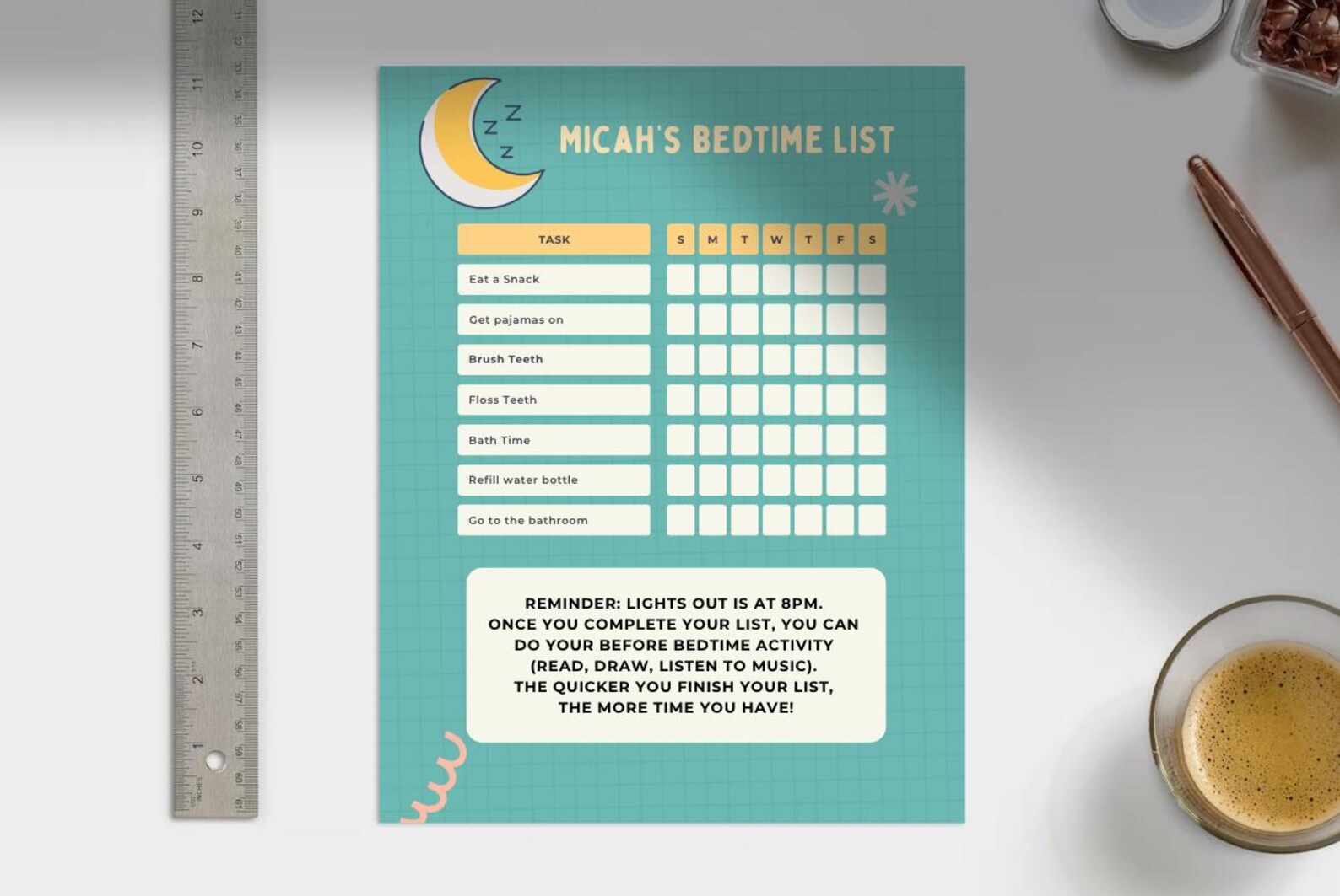 Kid's Bedtime List, Chore Chart, Bedtime Chart, Reward Chart, Children ...