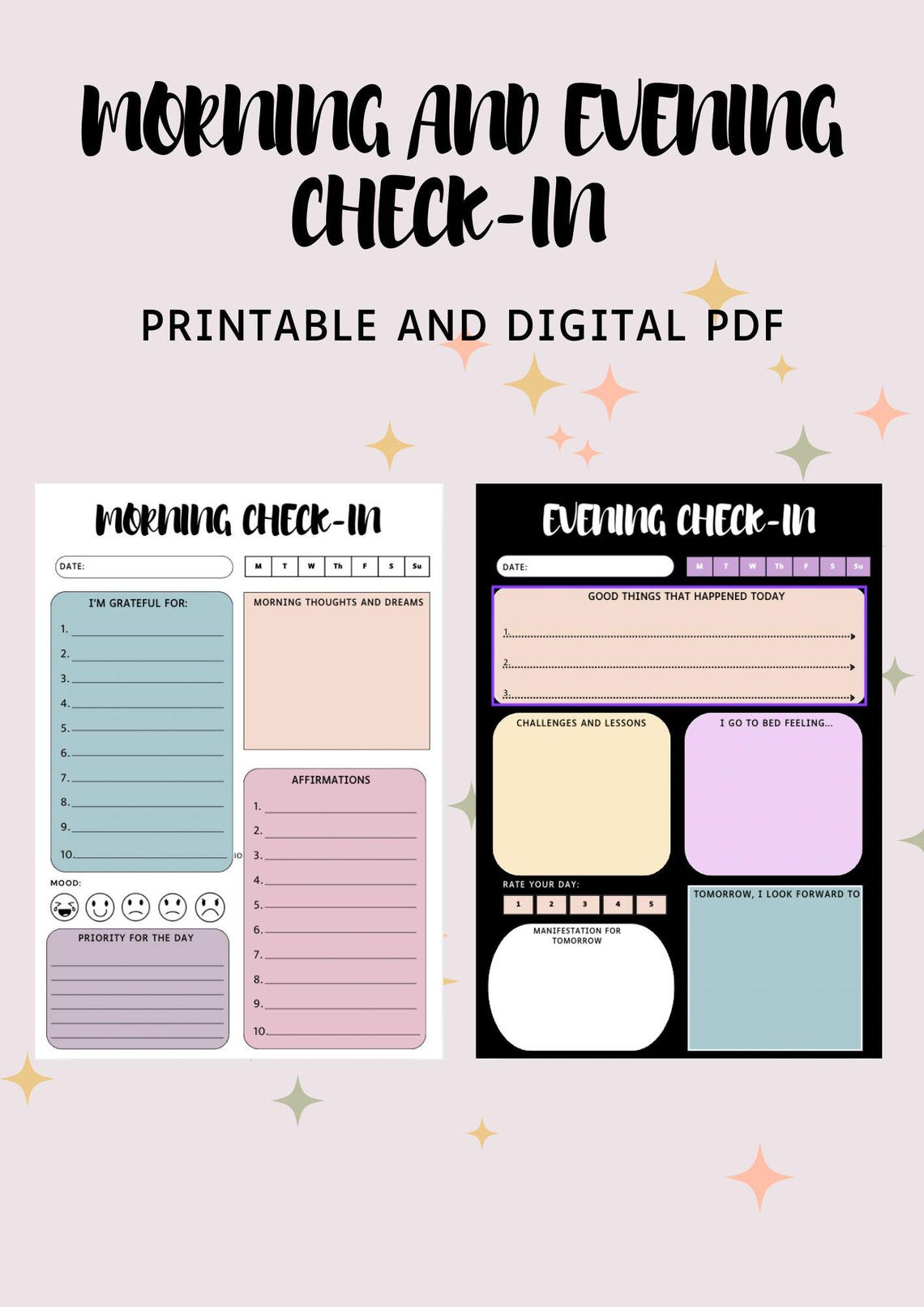 Daily Check-in / Morning and Night Check-in Template / Thoughts and ...
