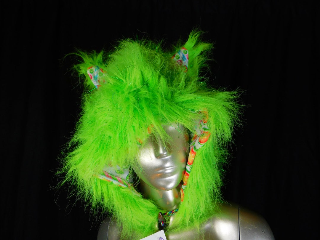 Lime Green Tinsel Furry Hood: Cosplay Rave Animal Hood With Ears - Etsy
