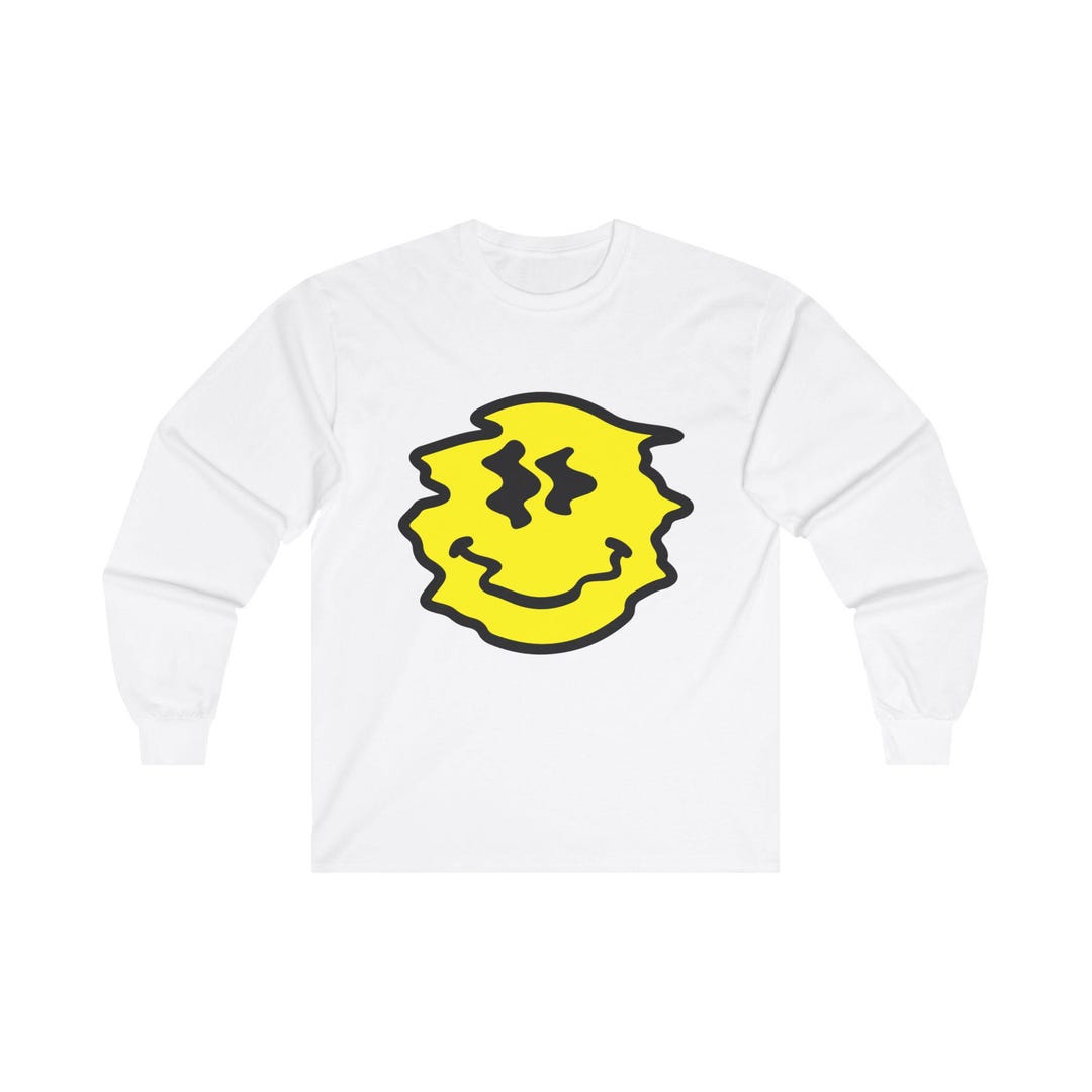 Funny Frazzled Smiley Face Long Sleeve Tee, Distorted Confused Unisex ...